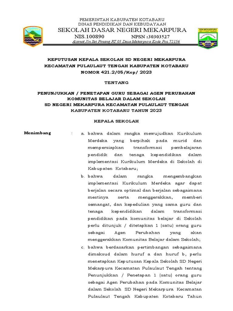 Format SK Penunjukkan Agen Perubahan Satuan Pendidikan | PDF