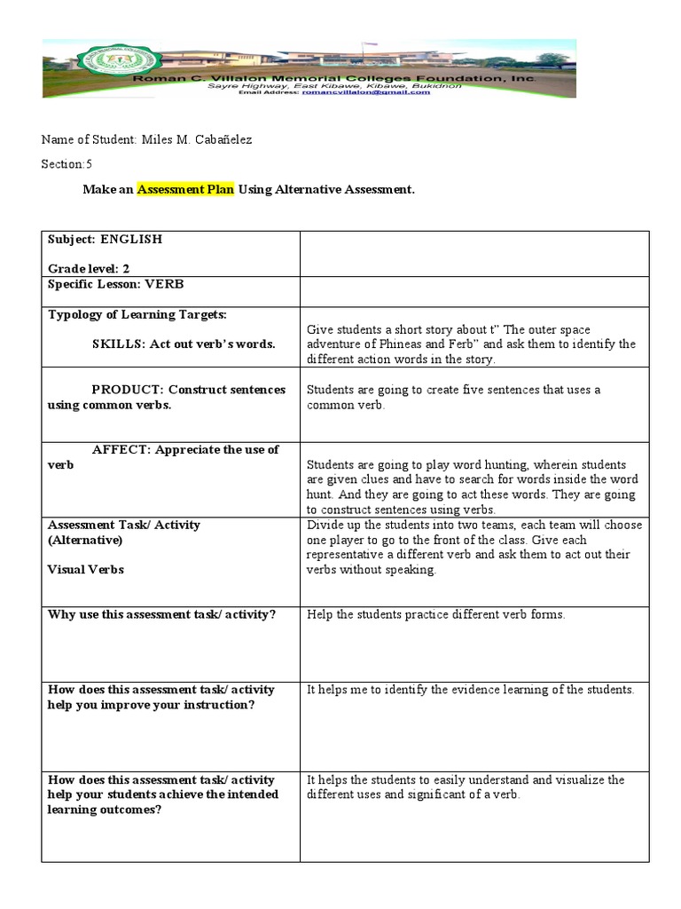 Assessment Plan | PDF | Learning | Lesson Plan
