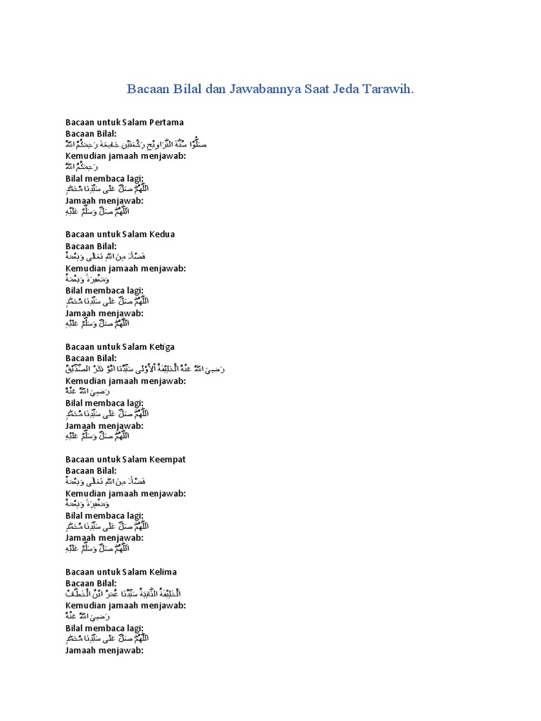 Bacaan Bilal Saat Jeda Tarawih 20 Rakaat Dan Witir 3 Rakaat | PDF