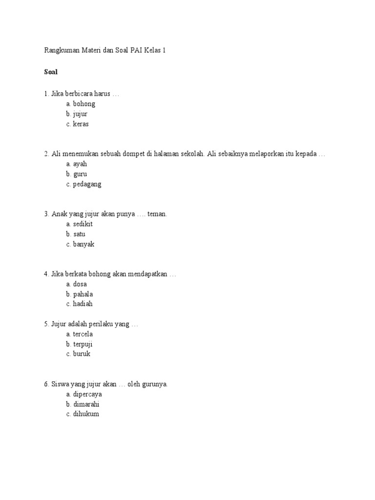 Rangkuman Materi Dan Soal PAI Kelas 1 | PDF