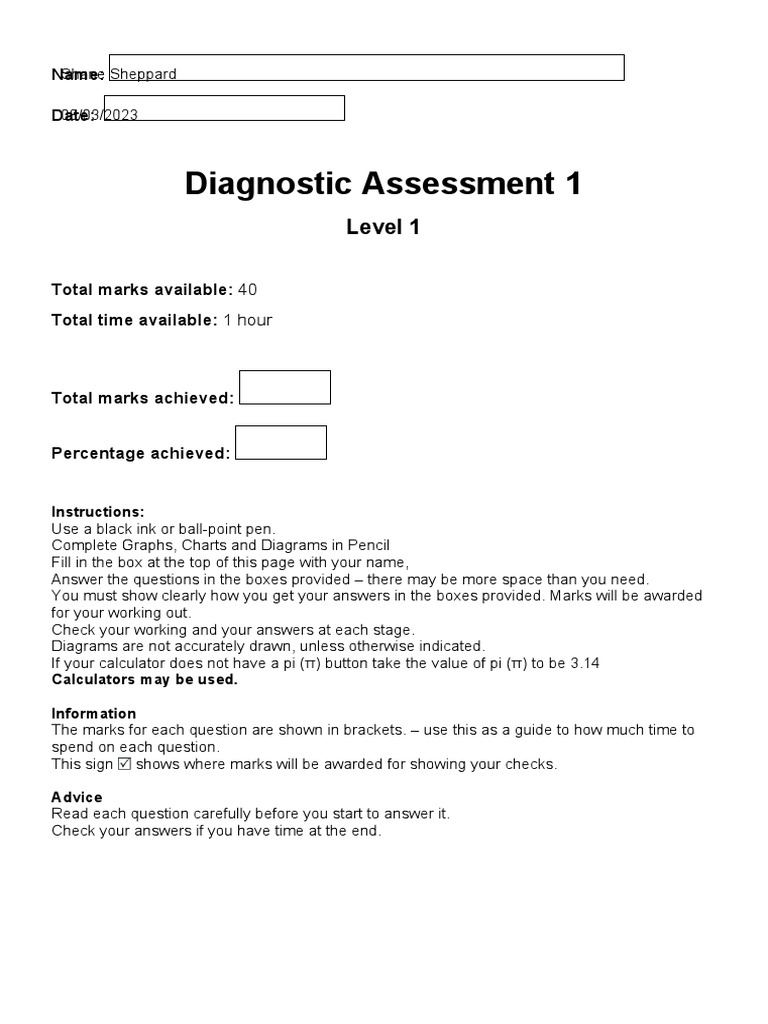 Level 1 Diagnostic Math Assessment | PDF
