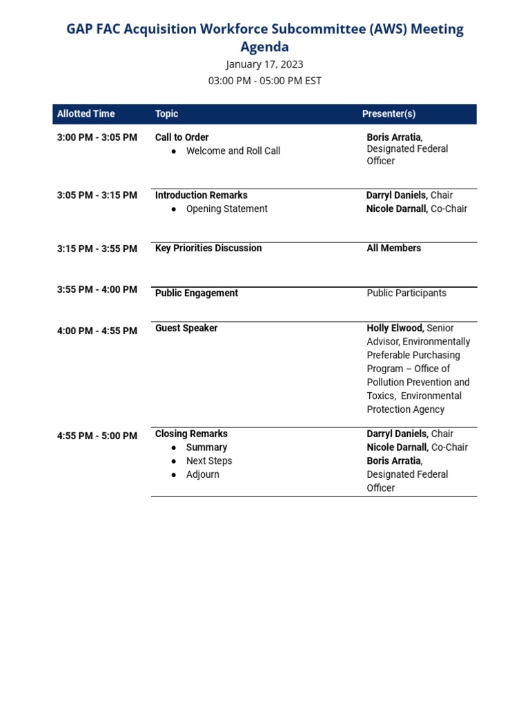 1_17_23 GAP FAC Acquisition Workforce Subcommittee Meeting Agenda | PDF