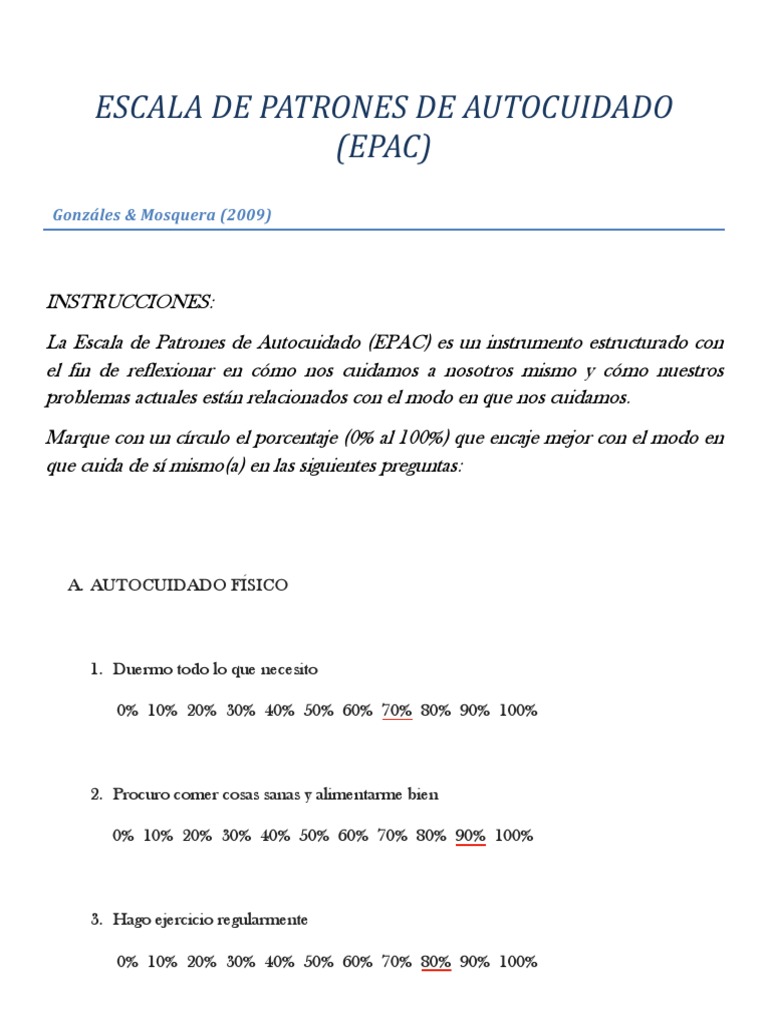 Escala de Autocuidados | PDF | Relaciones personales, crianza y ...