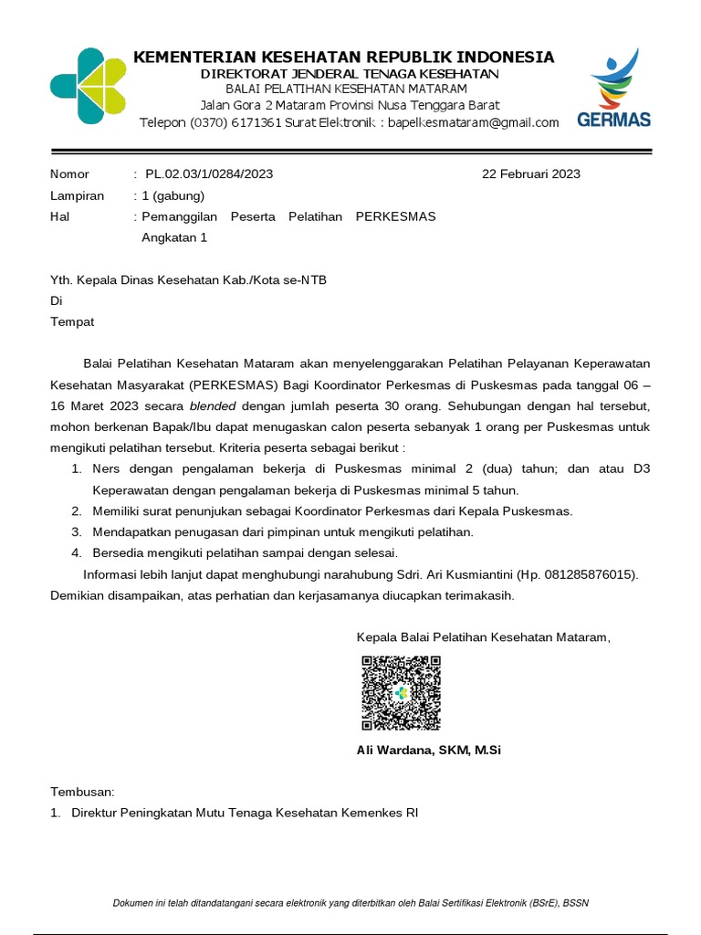 Pemanggilan Peserta PERKESMAS Ak.1 (6-16 Maret) | PDF