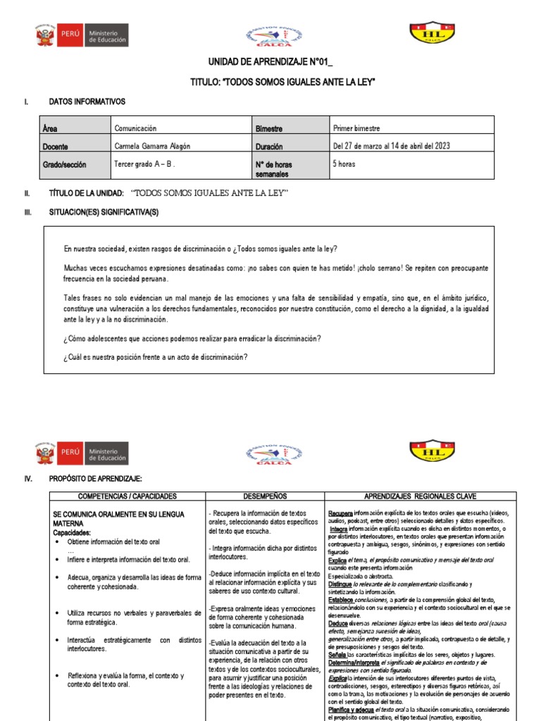 I Unidad De Aprendizaje Tercer Grado 2023 Pdf Aprendizaje