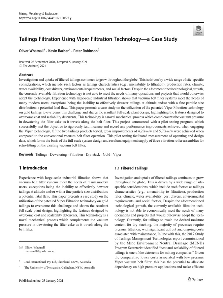 Tailings_Filtration_Using_Viper_Filtration_Technol | PDF | Filtration ...