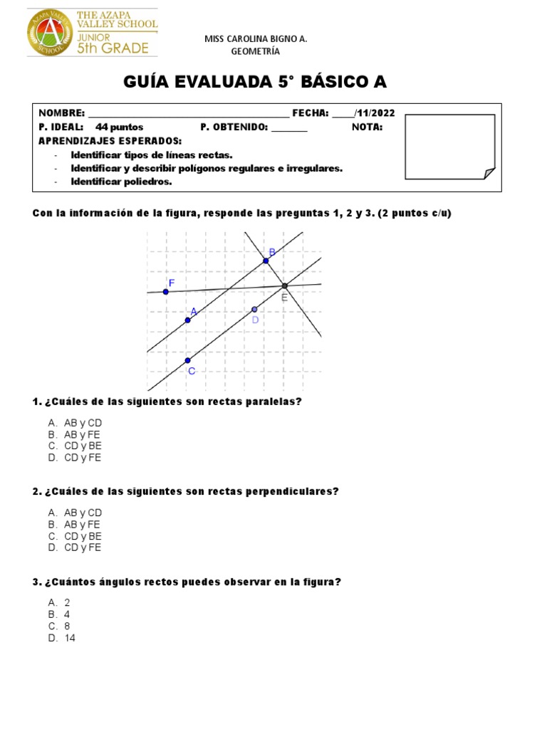 GUÍA EVALUADA 5° Básico | PDF | Ángulo | Matemática Elemental