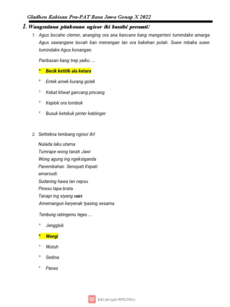 Gladhen Kabisan Pra-PAT Basa Jawa Genap X 2022 | PDF