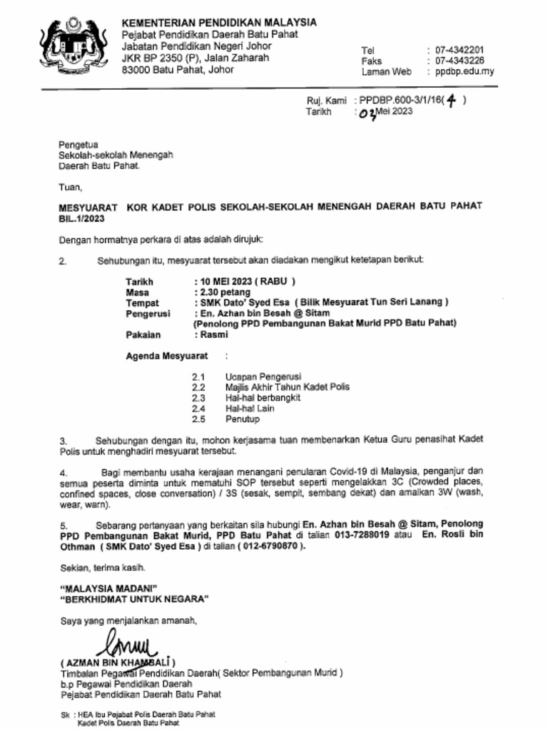 Contoh Surat Rasmi Panggilan Mesyuarat Kadet Polis Daerah | PDF