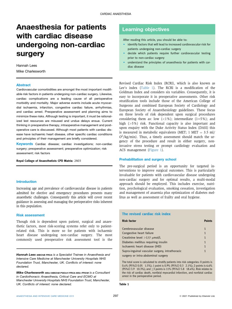 Anaesthesia For Patients With Cardiac Disease Undergoing Non-Cardiac ...