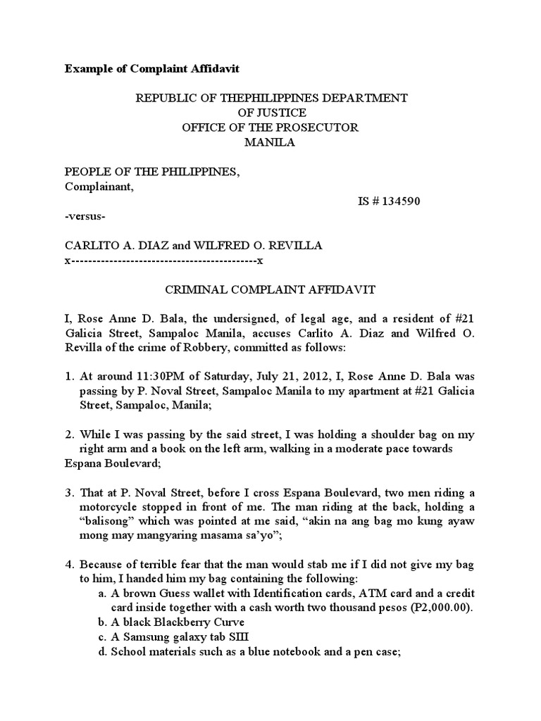 Example of Complaint Affidavit and Desistance | PDF | Common Law | Public Law