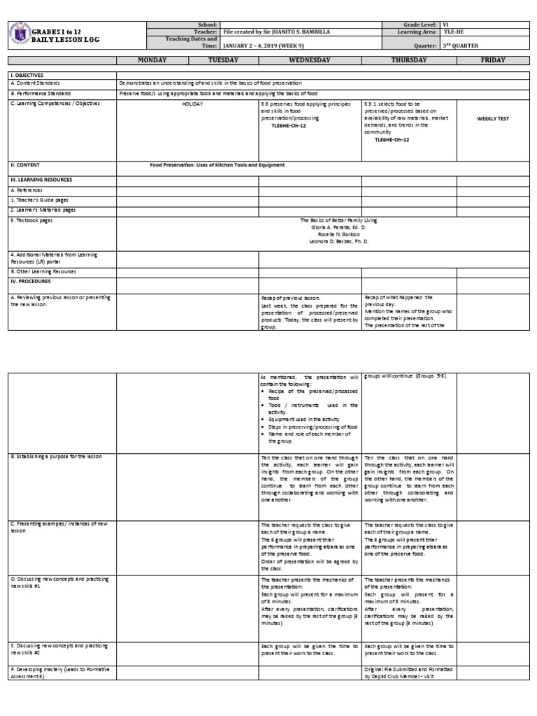 DLL - Tle 6 - Q3 - W9 | PDF | Learning | Cognition