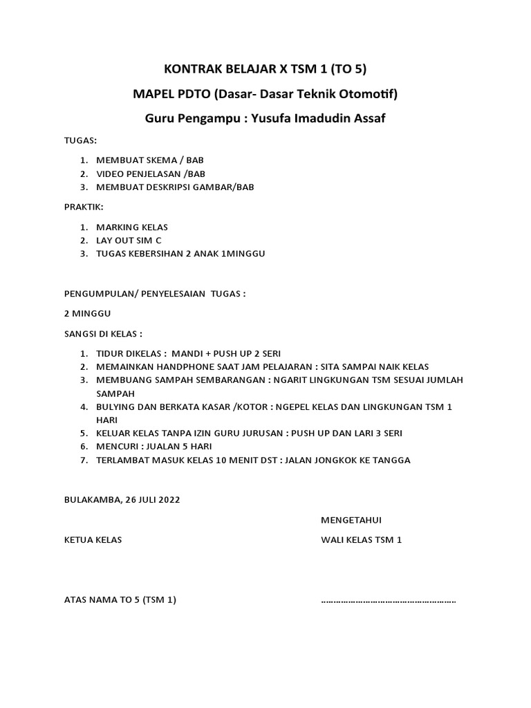 Kontrak Belajar X TSM 2 | PDF