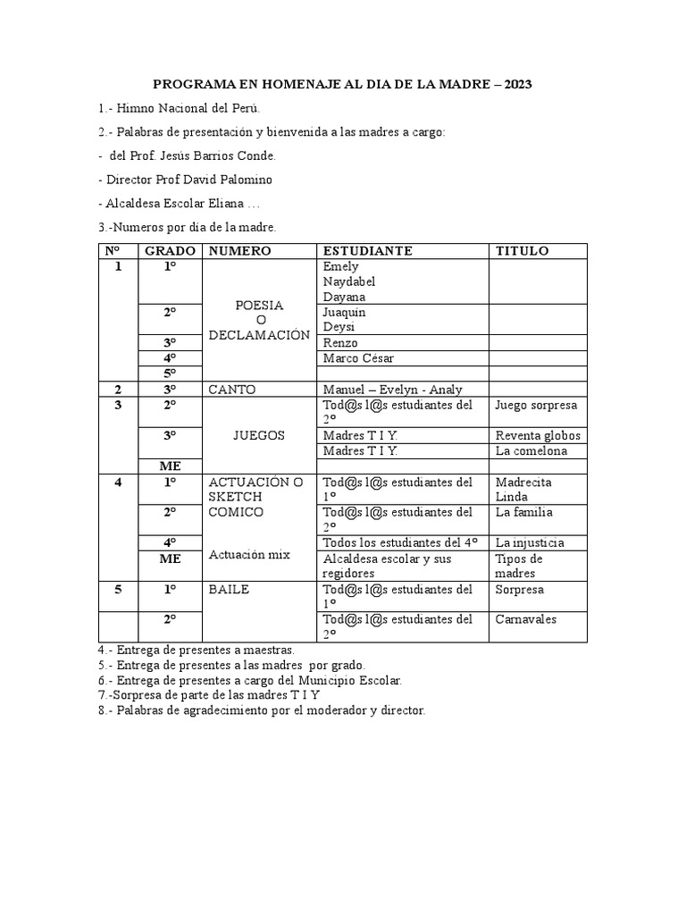 Programa en Homenaje Al Dia de La Madre | PDF | Amor