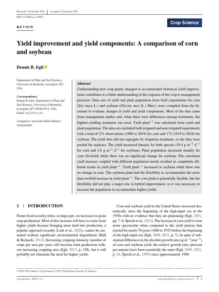 Crop Science - 2023 - Egli - Yield Improvement and Yield Components A Comparison of Corn and ...