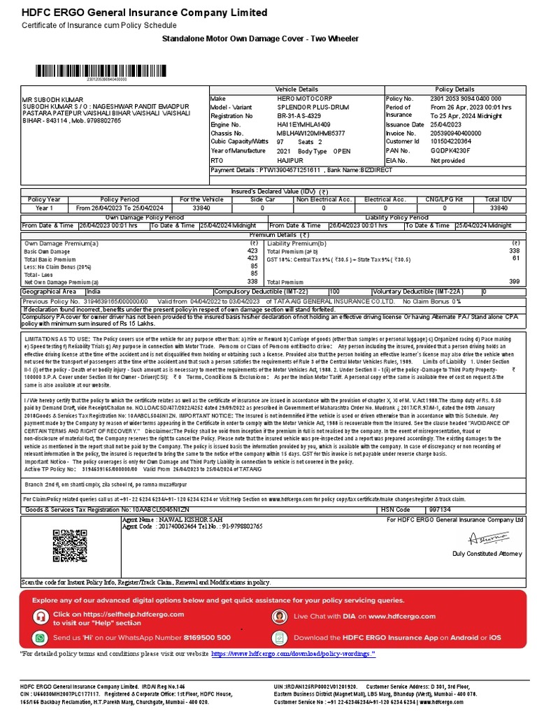 Standalone Motor Own Damage Cover - Two Wheeler: Certificate of ...