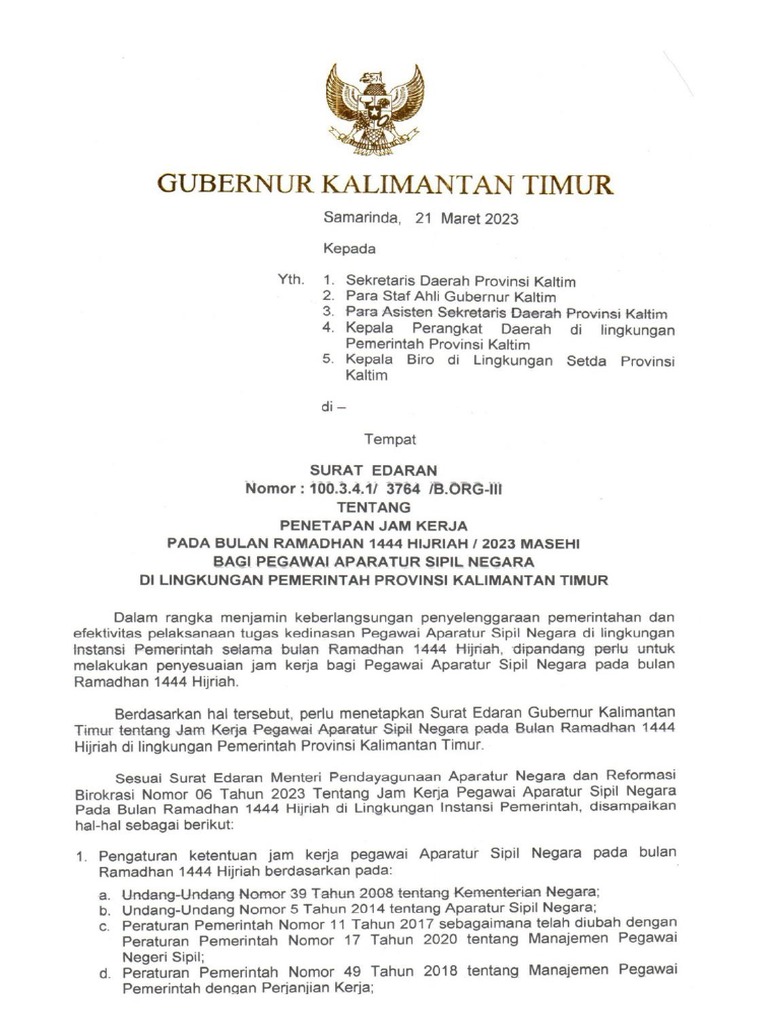 Surat Edaran Jam Kerja Ramadhan Tahun 2023 | PDF