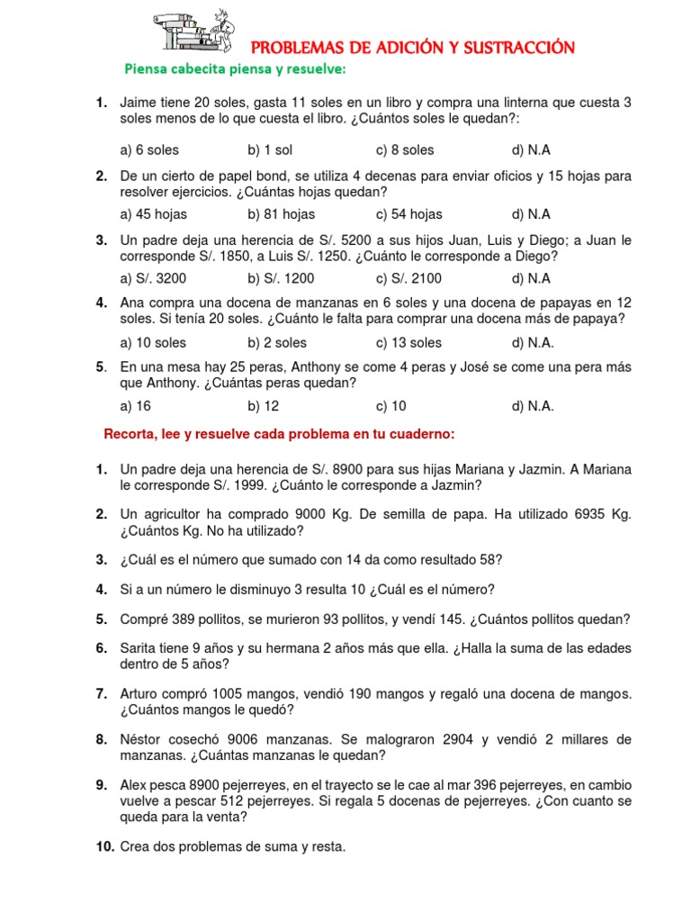Problemas de adición y sustracción | PDF