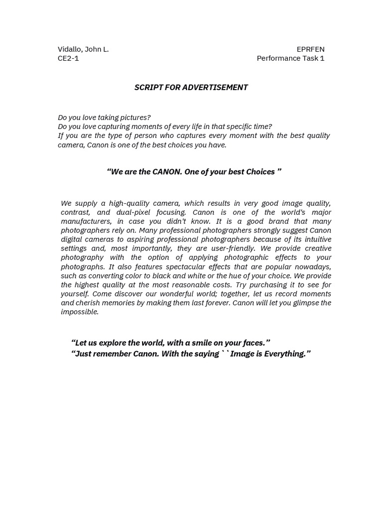 Vidallo-John-L. - Script-Advertisement J PDF | PDF | Camera | Canon Inc.