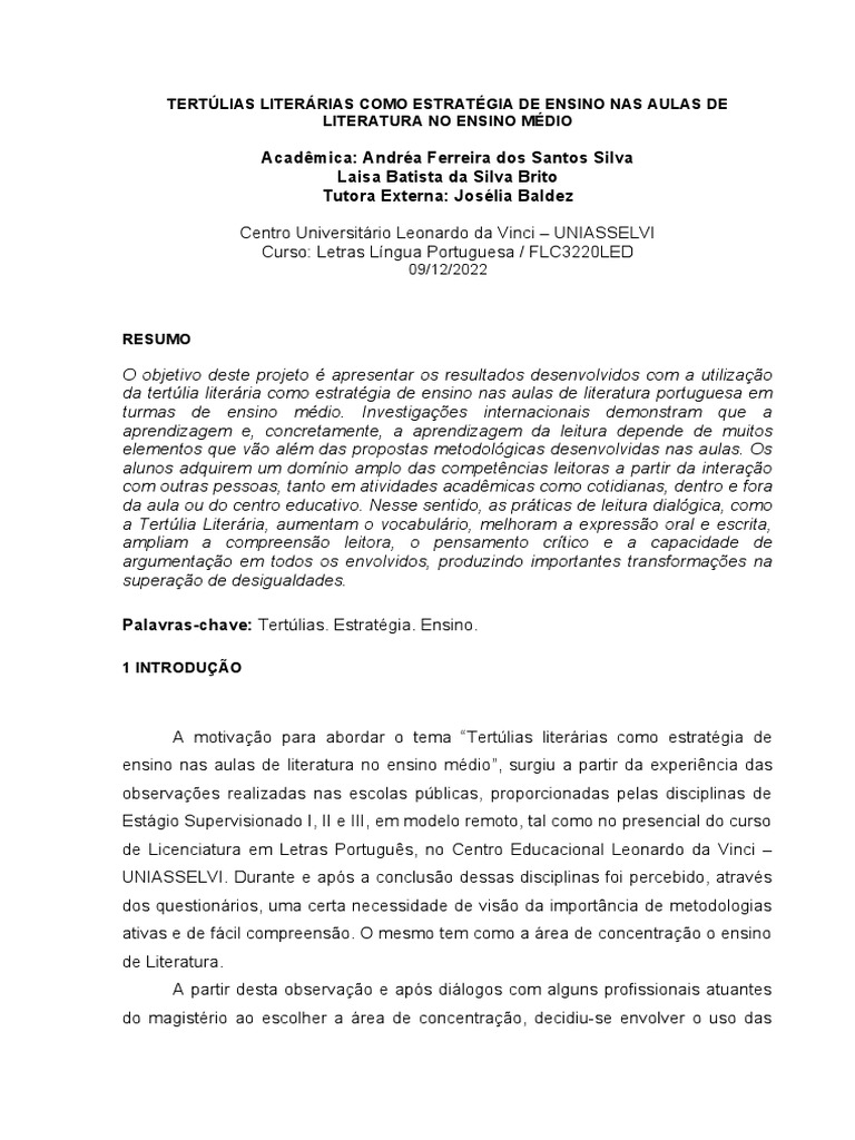 Tertúlias Literárias Como Estratégia de Ensino Nas Aulas de Literatura ...