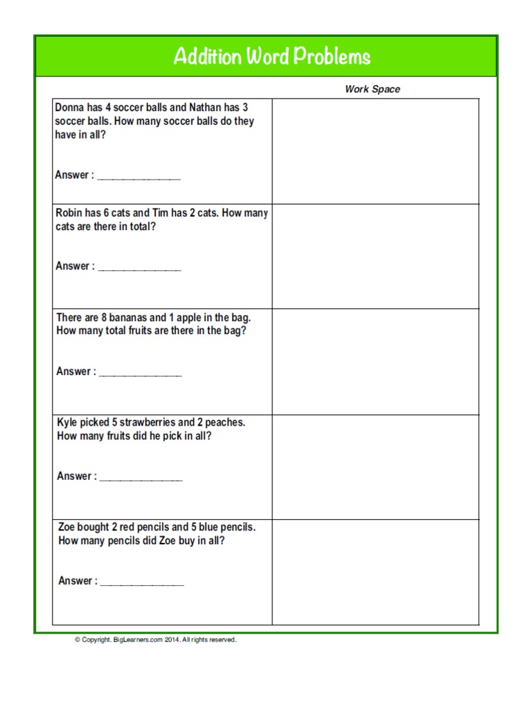 Grade 1 Word Problem Worksheets | PDF