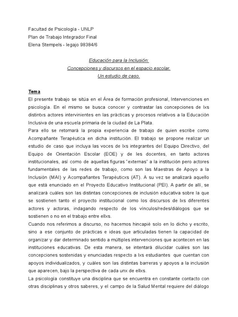 Plan de TIF Elena Stempels | PDF | Inclusión (Educación) | Invalidez