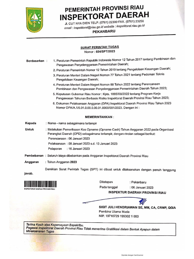 Surat Tugas Kas Opname BPSDM Itprov | PDF