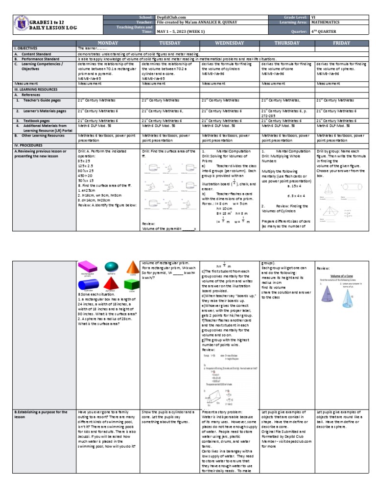 DLL - Mathematics 6 - Q4 - W1 | PDF | Area | Volume