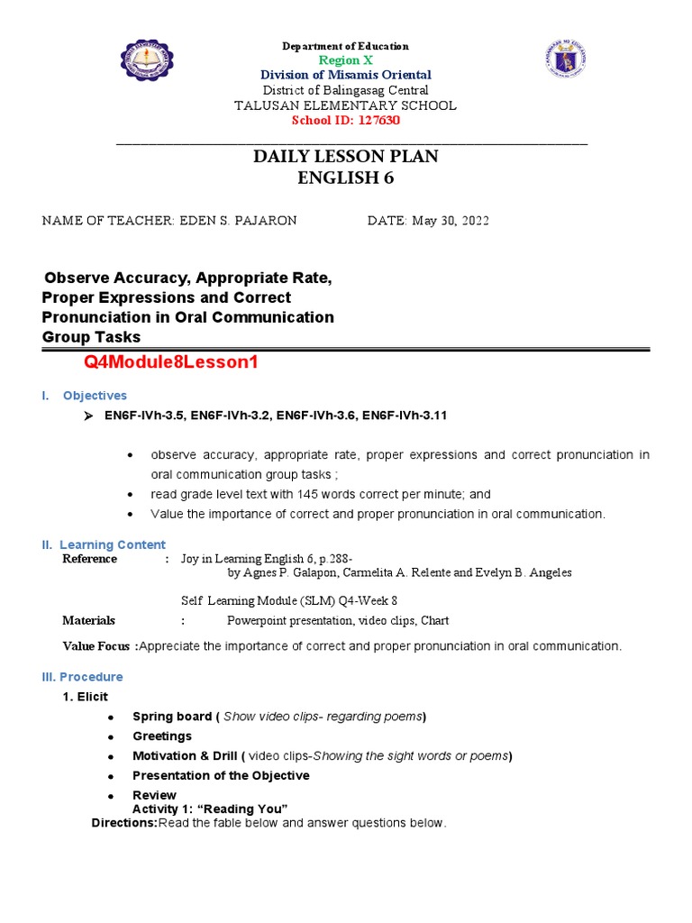 LESSON PLAN English 6 Q4 - M8 | PDF | Rotation | Earth
