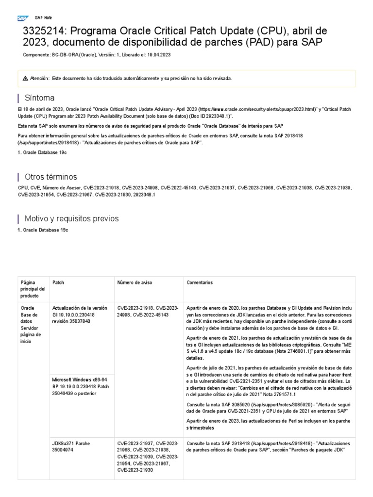 Programa Oracle Critical Patch Update (CPU), Abril de 2023, Documento ...