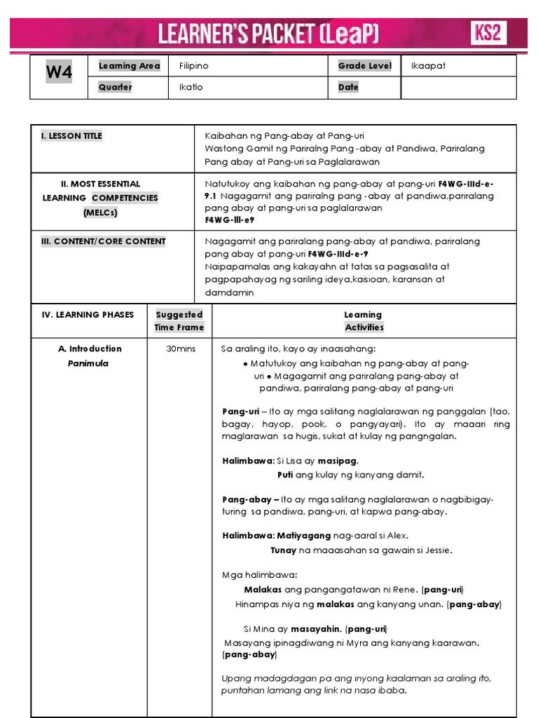 LeaP Filipino G4 Week 4 Q3 1 | PDF