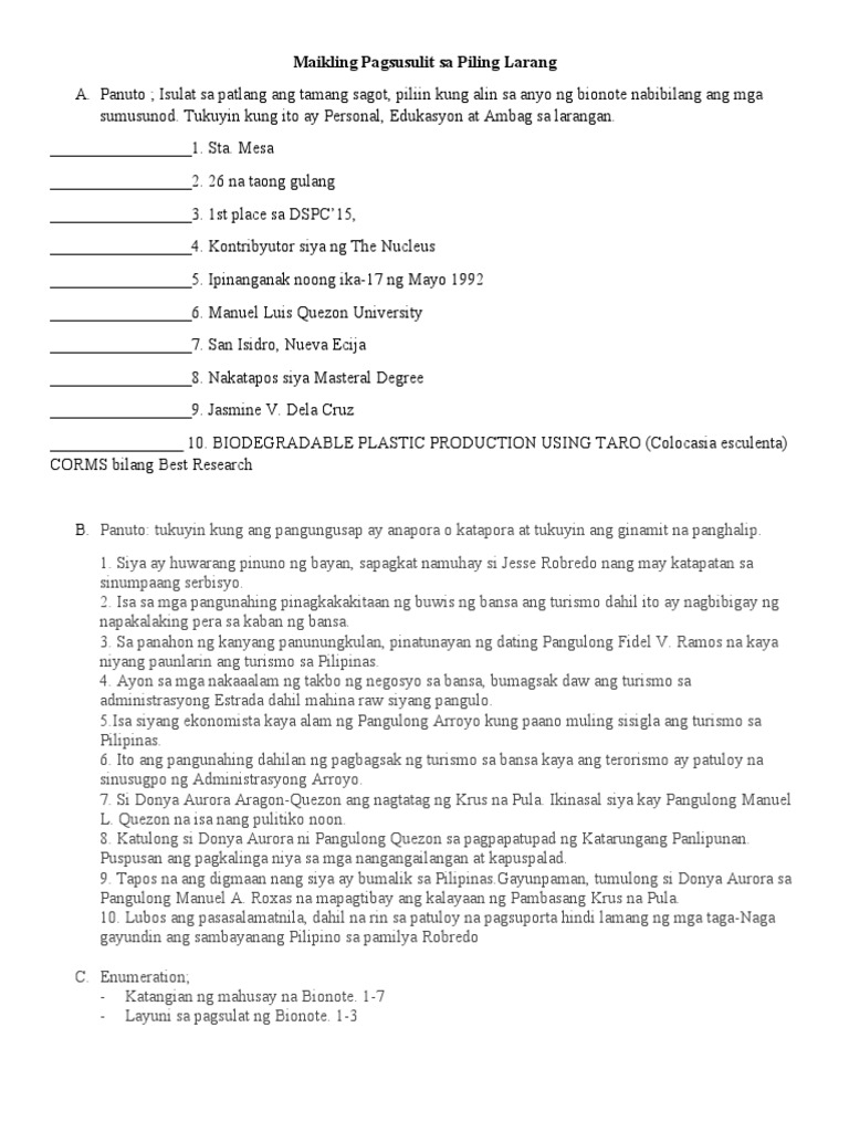 Maikling Pagsusulit sa Piling Larang | PDF