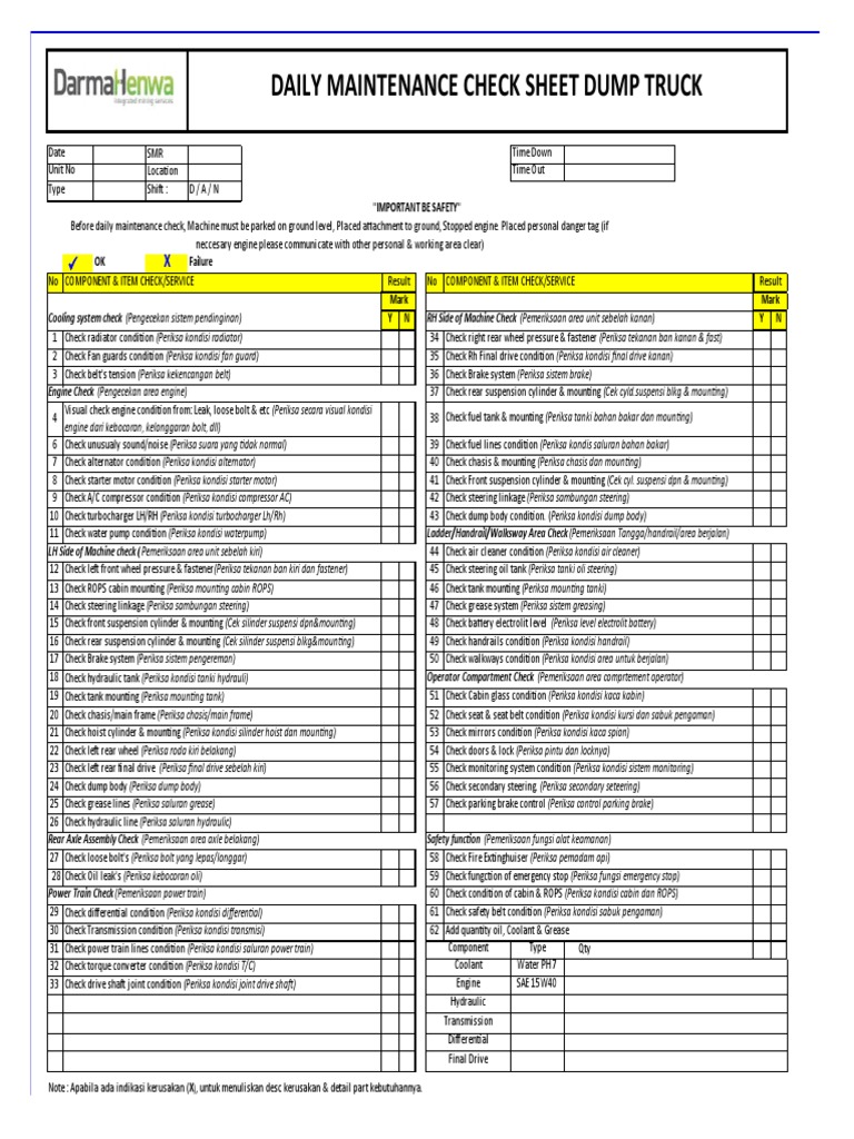 Daily Dump Truck Maintenance Checklist | PDF
