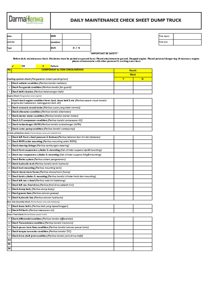 Dewa-Pm-Form-325. Daily Maintenance Checksheet Light Truck | PDF ...