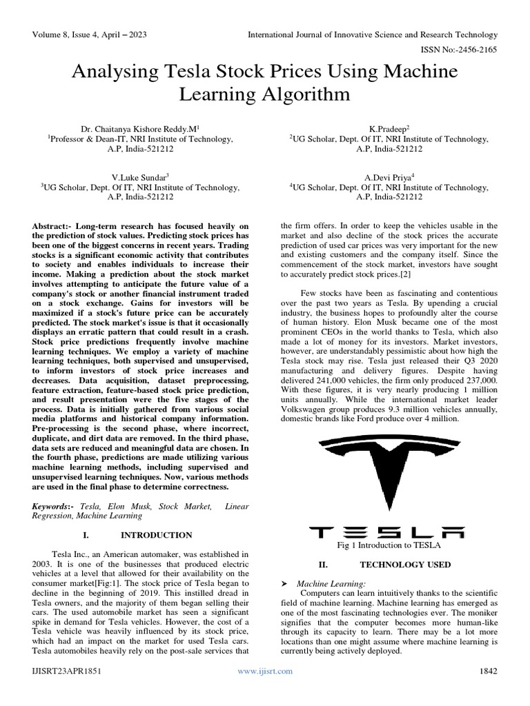 Analysing Tesla Stock Prices Using Machine Learning Algorithm | PDF Analysing Tesla Stock Prices Using Machine Learning Algorithm | PDF