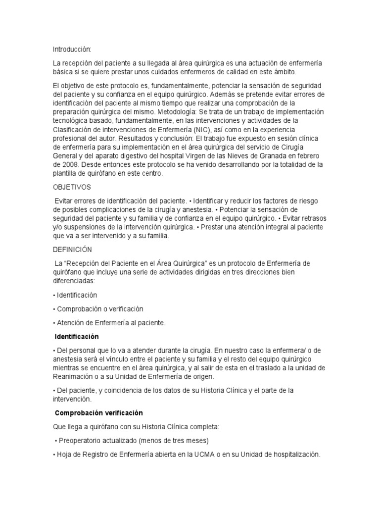 Recepcion de Paciente A Quirofano | PDF | Cirugía | Enfermería