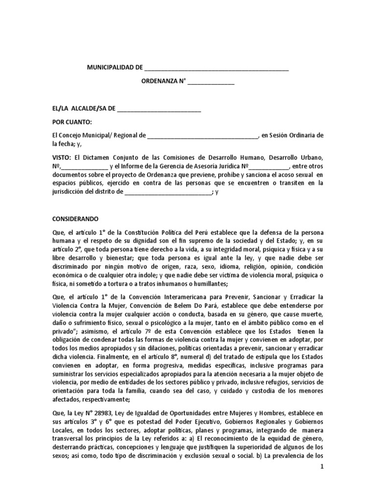 Modelo de Ordenanza Que Prohibe El Acoso Sexual en Espacios | PDF | La ... Modelo de Ordenanza Que Prohibe El Acoso Sexual en Espacios | PDF | La ...