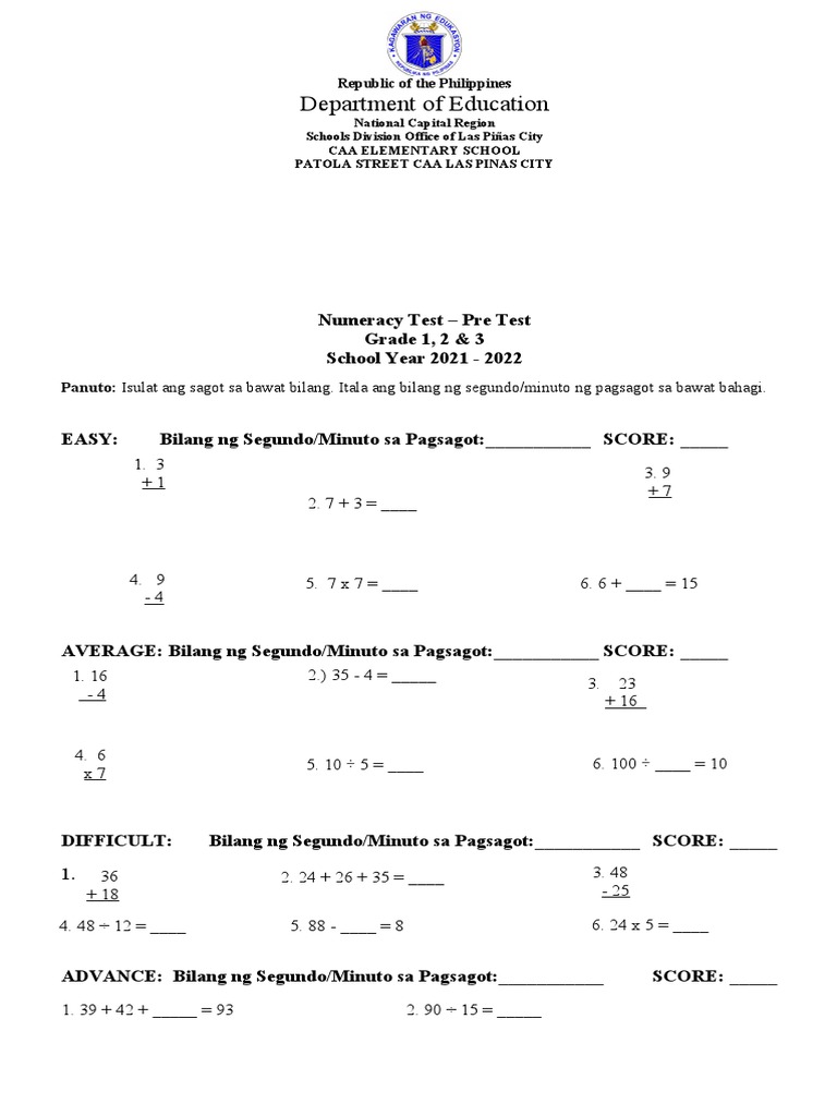 NUMERACY Test Paper Primary 2021 GR 1 3 | PDF