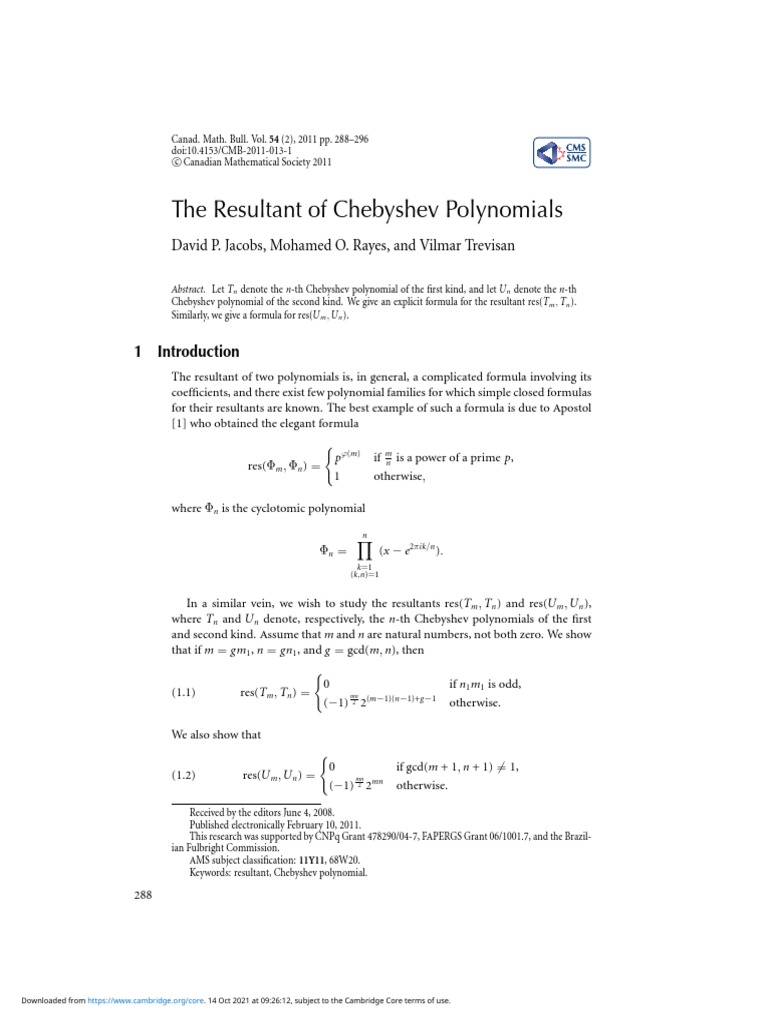 The Resultant of Chebyshev Polynomials PDF | PDF | Polynomial ... The Resultant of Chebyshev Polynomials PDF | PDF | Polynomial ...