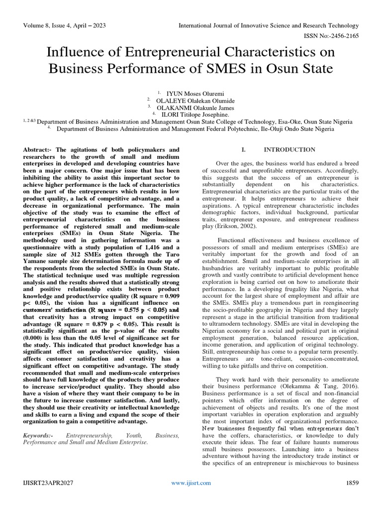 Influence of Entrepreneurial Characteristics On Business Performance of SMES in Osun State | PDF ...