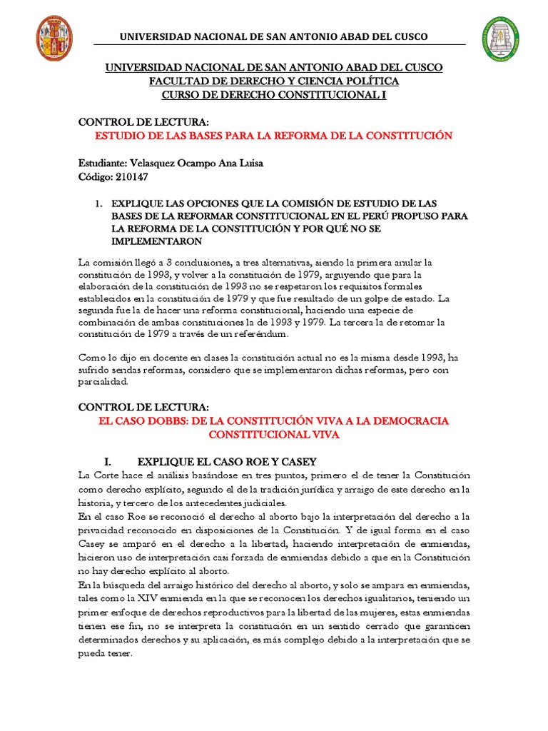 Control de Lectura Gatantía y DOBBS (Ana Luisa Velasquez Ocampo) | PDF | Constitución | Aborto