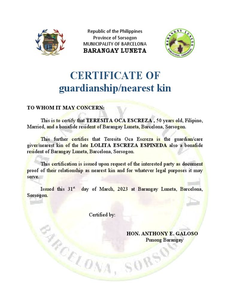 Barangay Guardianship Certificate Sample | PDF
