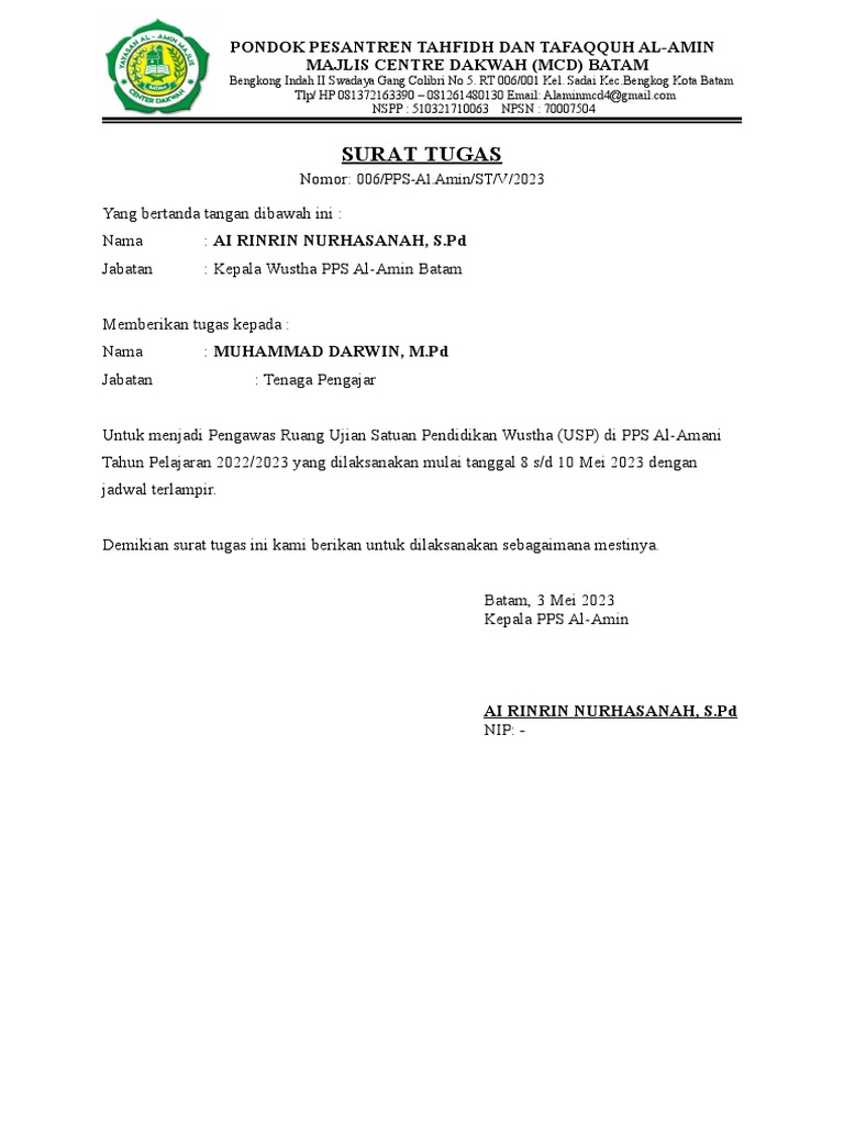 SURAT TUGAS Ust. Darwin | PDF