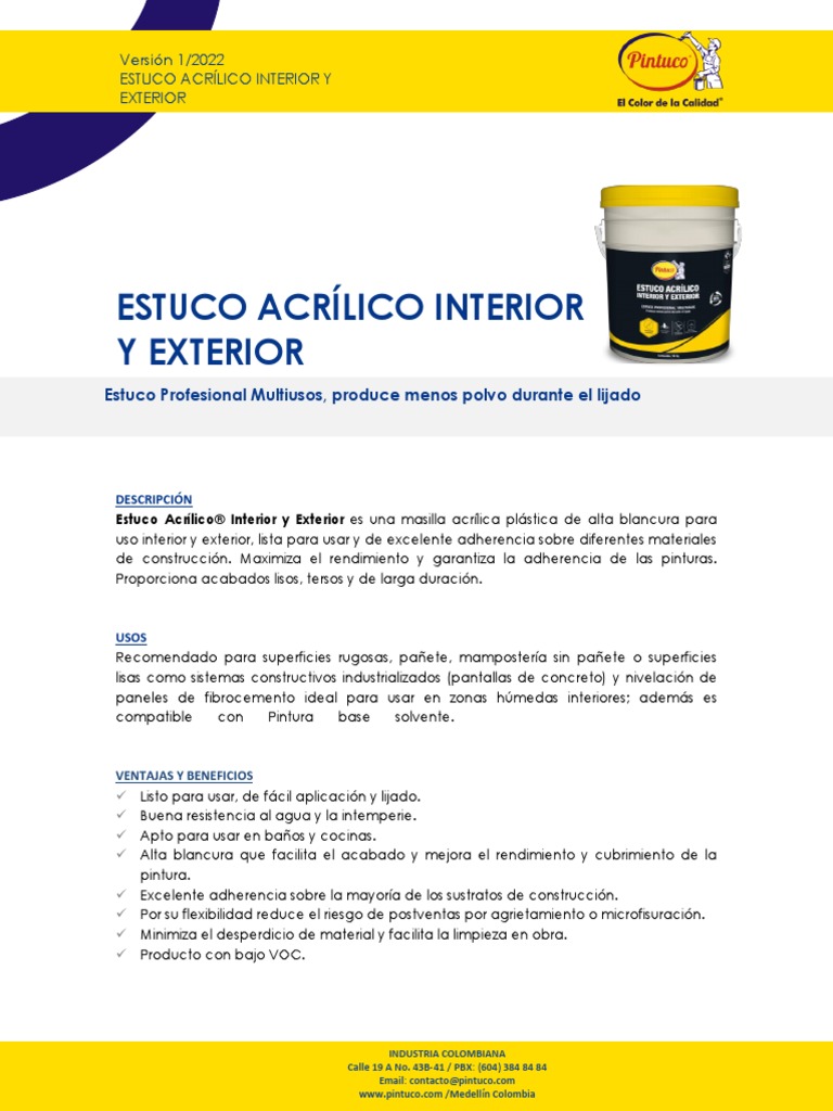Estuco Acrílico Interior y Exterior Pintuco | PDF | Materiales