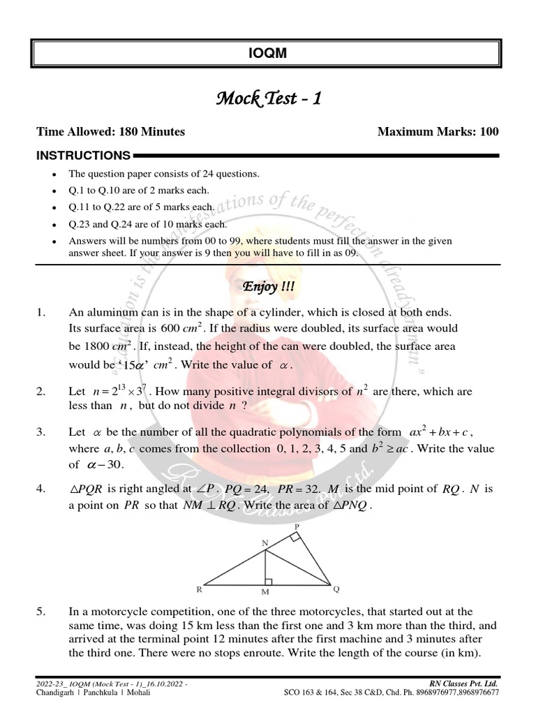 2022-23 IOQM (Mock Test - 1) - 16.10.2022 PDF | PDF | Area | Integer