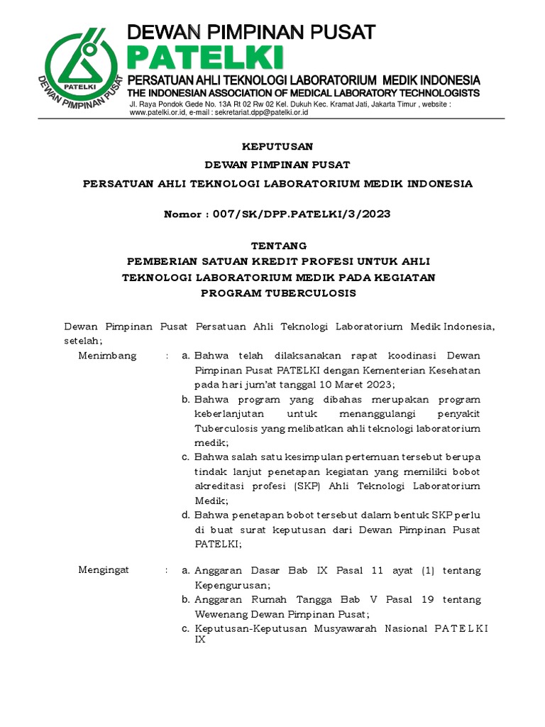 SK PEMBERIAN SATUAN KREDIT PROFESI UNTUK AHLI TEKNOLOGI LABORATORIUM ...