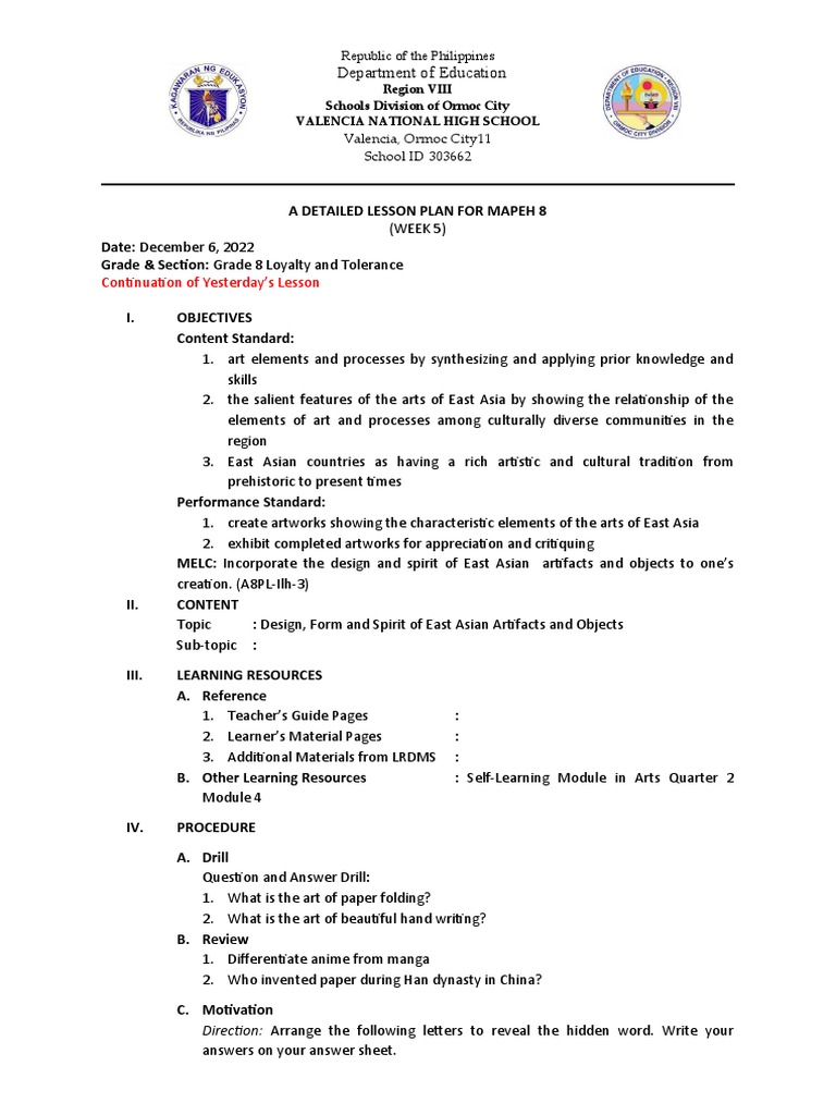 Lesson Plan In Mapeh Grade 8 Lesson Plan Performing Arts Lesson Plan