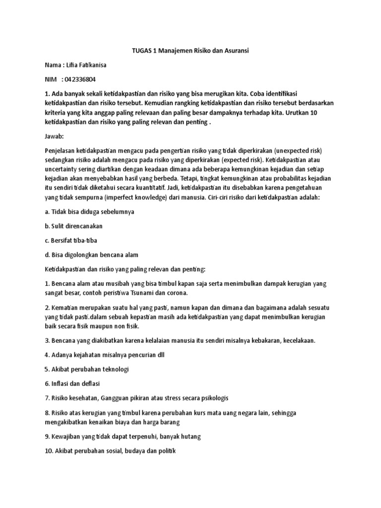TUGAS 1 Manajemen Risiko Dan Asuransi | PDF | Pengembangan Diri