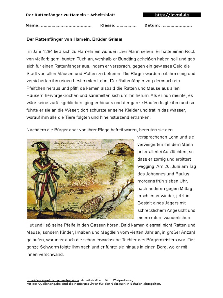 Rattenfaenger Von Hameln Text Der Sage Arbeitsblatt | PDF