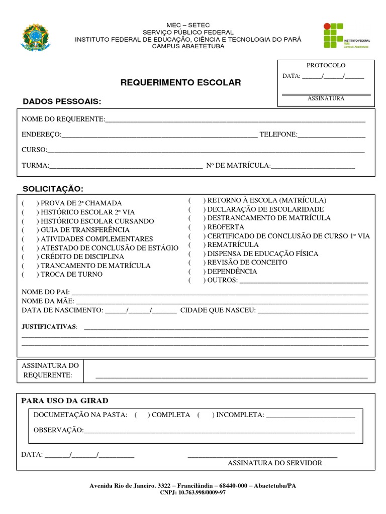 Requerimento Escolar Ifpa - Novo (1255) | PDF